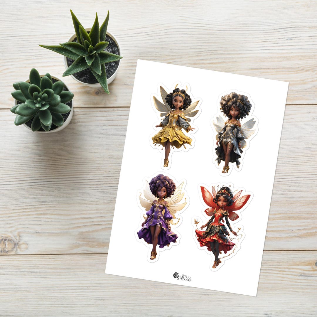 4 Black Girl Fairy Stickers, Faries, Elves, Mystical Forest Creatures ...