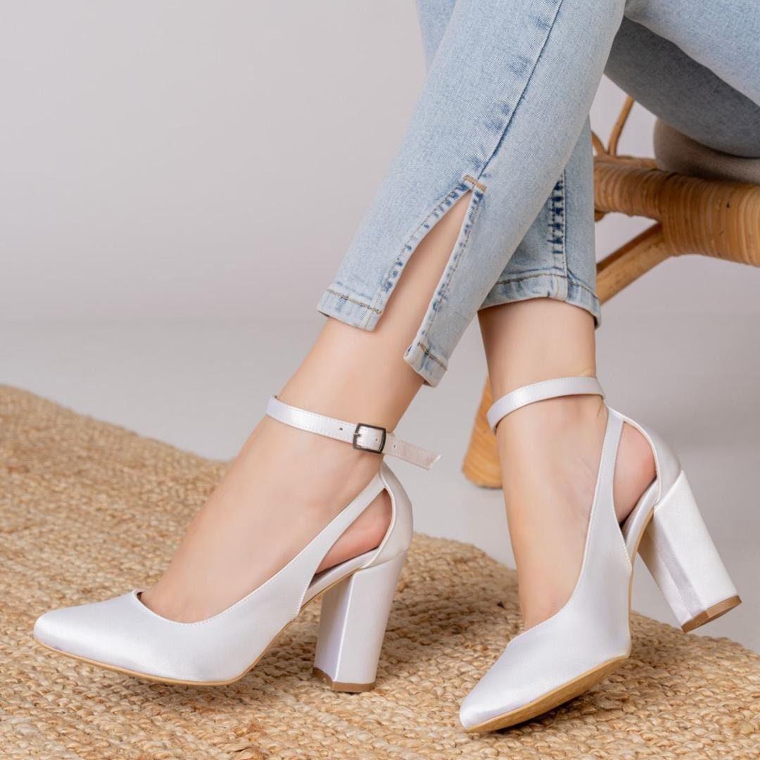 White Satin Wedding Heels, Classic Ankle Strap Brides Wedding Shoes ...
