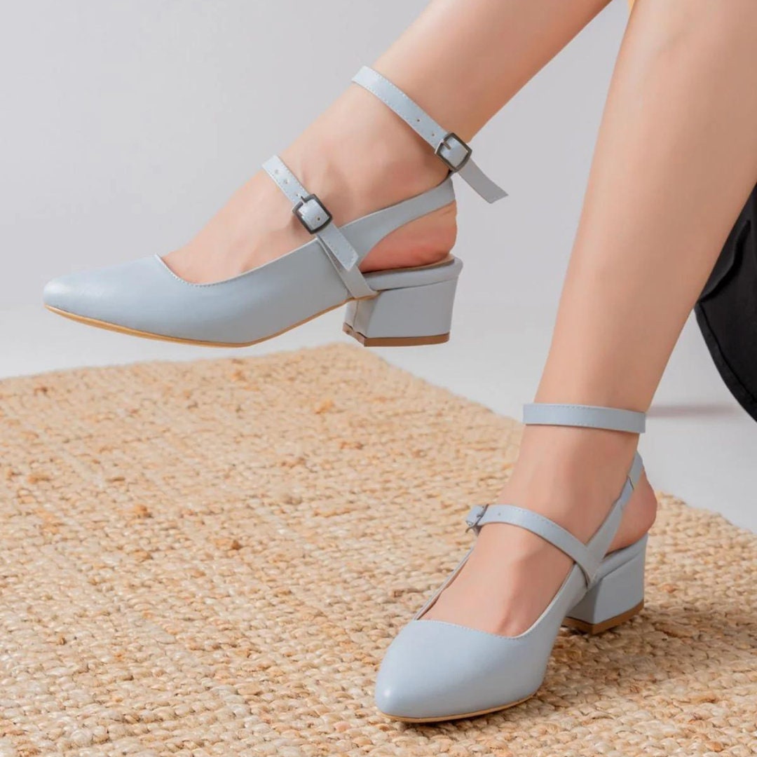 Baby Blue Skin Low Heel Women's Shoes, Wedding Heeled Shoes, Suede ...