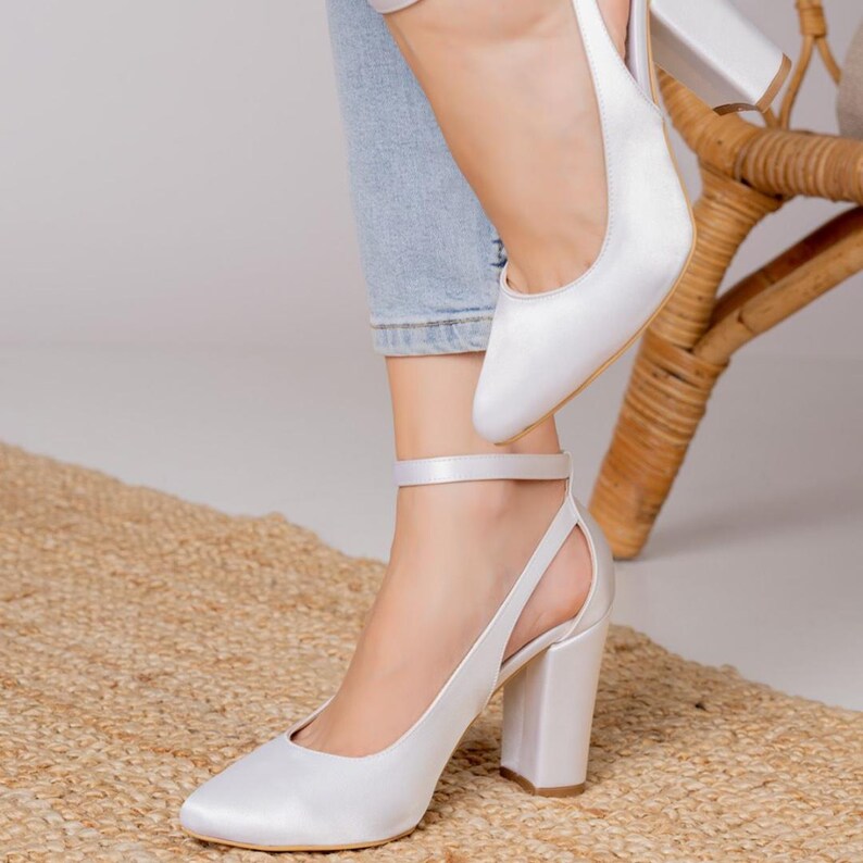 White Satin Wedding Heels, Classic Ankle Strap Brides Wedding Shoes ...