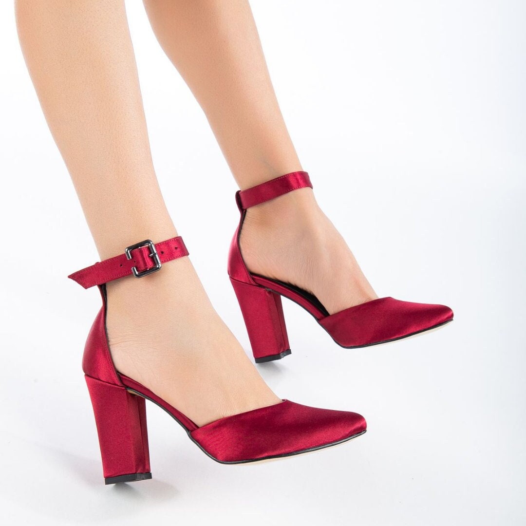 Savage Blood Red Satin Heels, Wedding Heeled Shoes, Leather Handmade ...