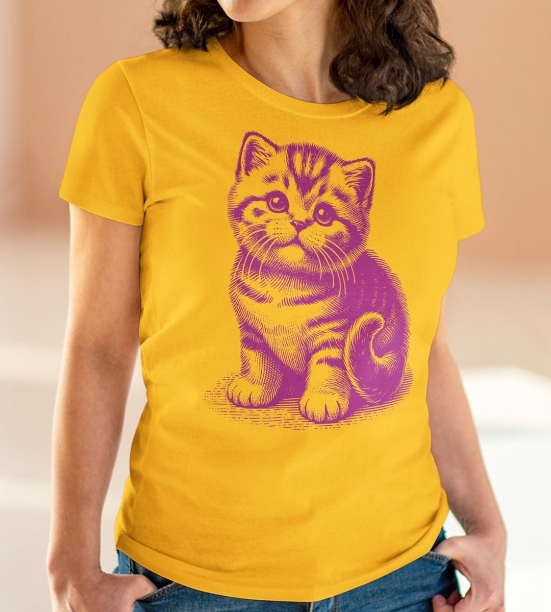 Cute Kitten T-shirt, Cute Pink Kitten, One Color Kitten T-shirt, Woman ...