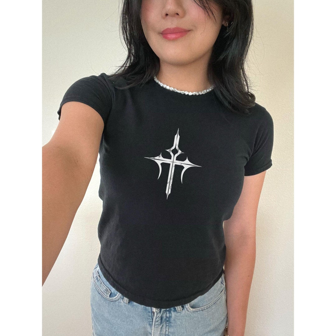 Y2k Gothic Cross Baby Tee - Y2k Grunge Baby Tee, Y2k Cyber Punk Goth ...