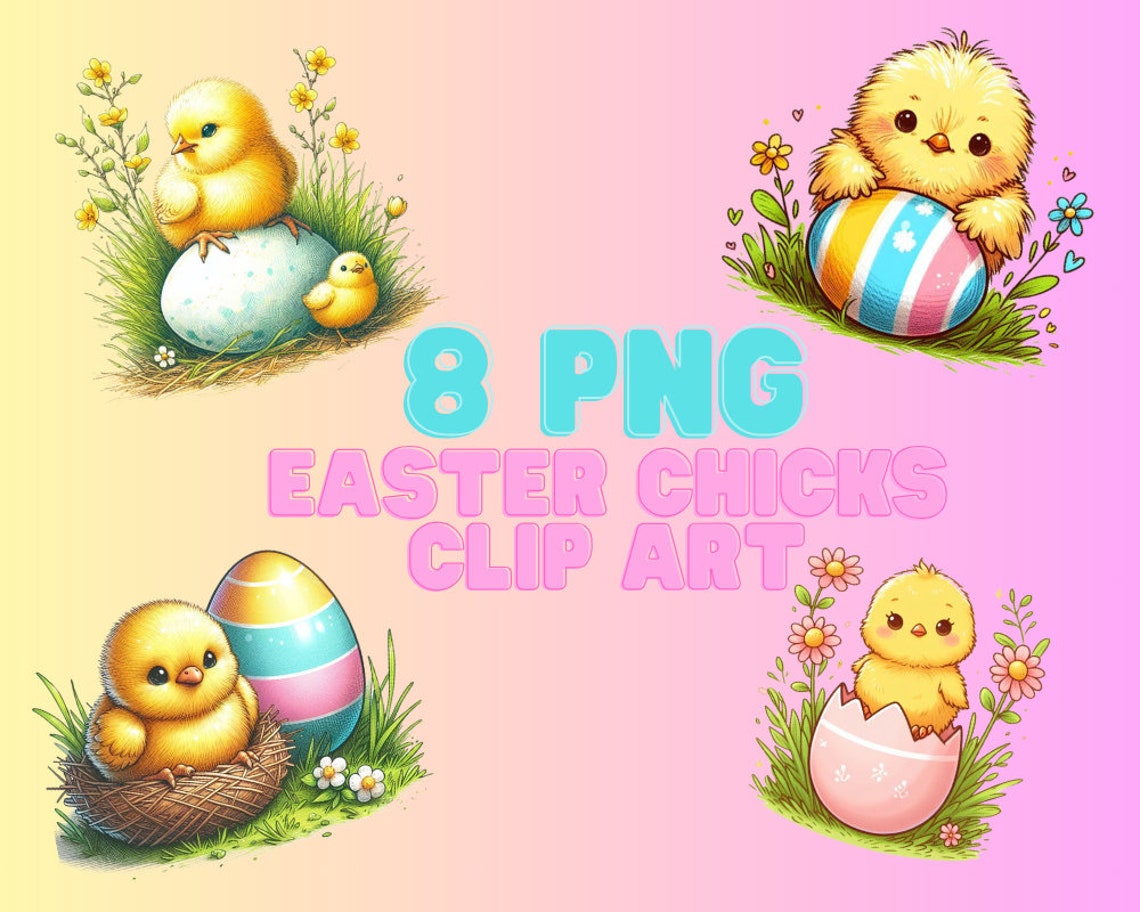 Easter Chick Clip Art, 8 PNG 300 DPI Clip Art, Cute Chick Art, Easter ...