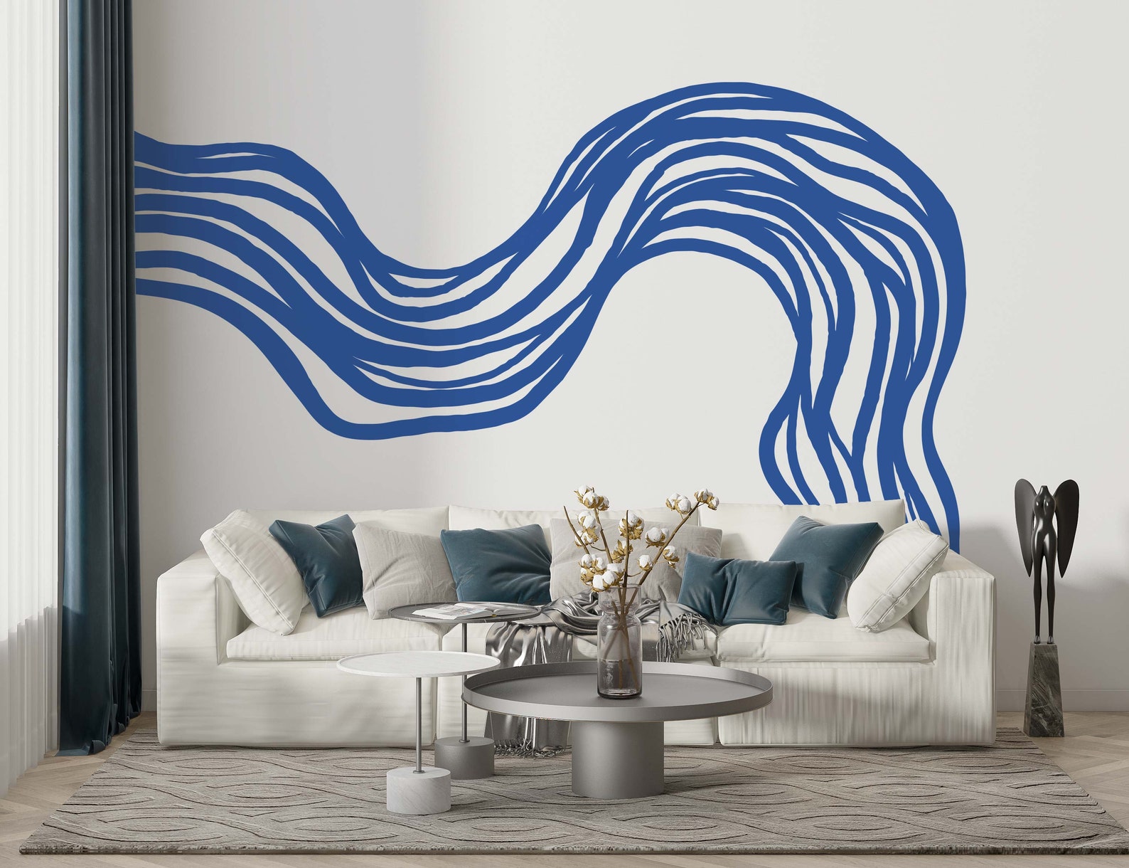 Iconic Flow Line Wall Decal Blue Brushstrokes Organic Shape Art (70"x96 ...