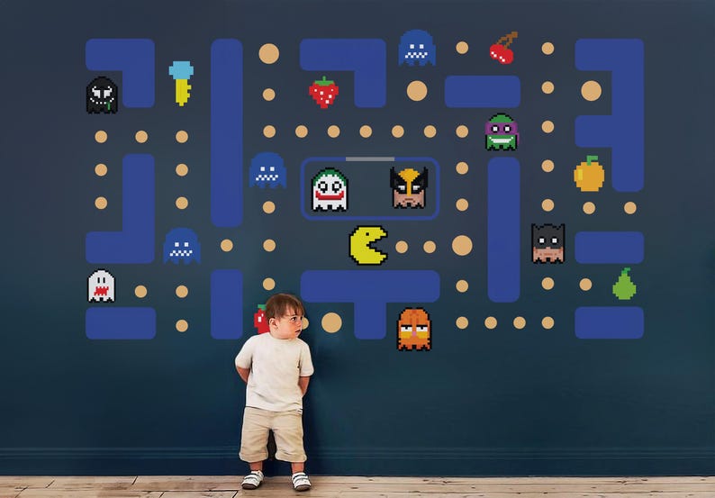 Pac-man Wall Decal Pacman Doodle Wall Sticker Pacman Theme Wallpaper ...