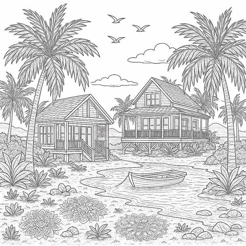 Beach Houses by the Sea Coloring Book | 20 Pages for Adults | Coastal ...