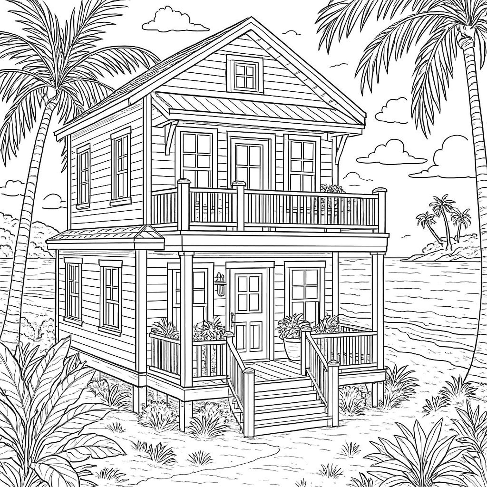 Beach Houses by the Sea Coloring Book | 20 Pages for Adults | Coastal ...