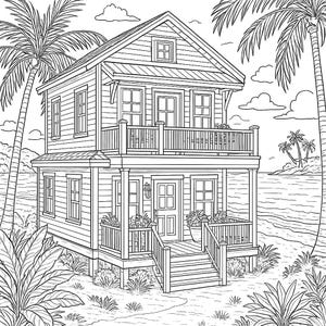 Beach Houses by the Sea Coloring Book | 20 Pages for Adults | Coastal ...