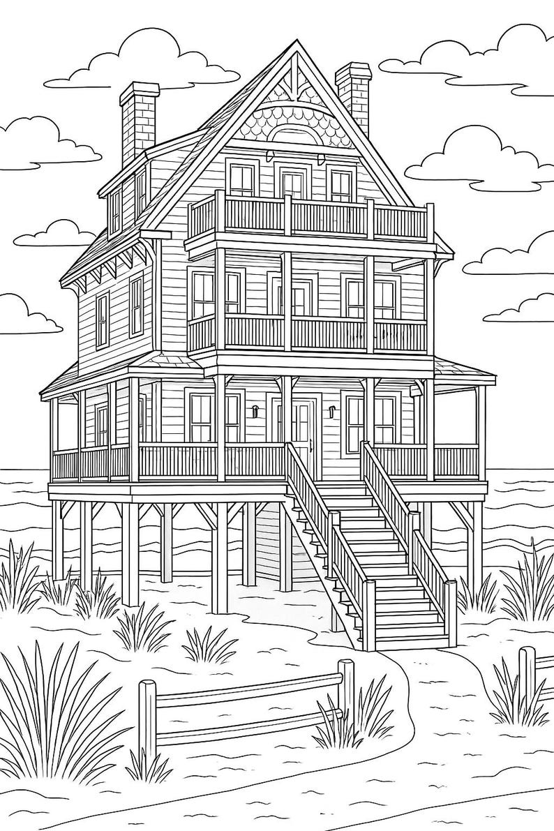 Beach Houses by the Sea Coloring Book | 20 Pages for Adults | Coastal ...