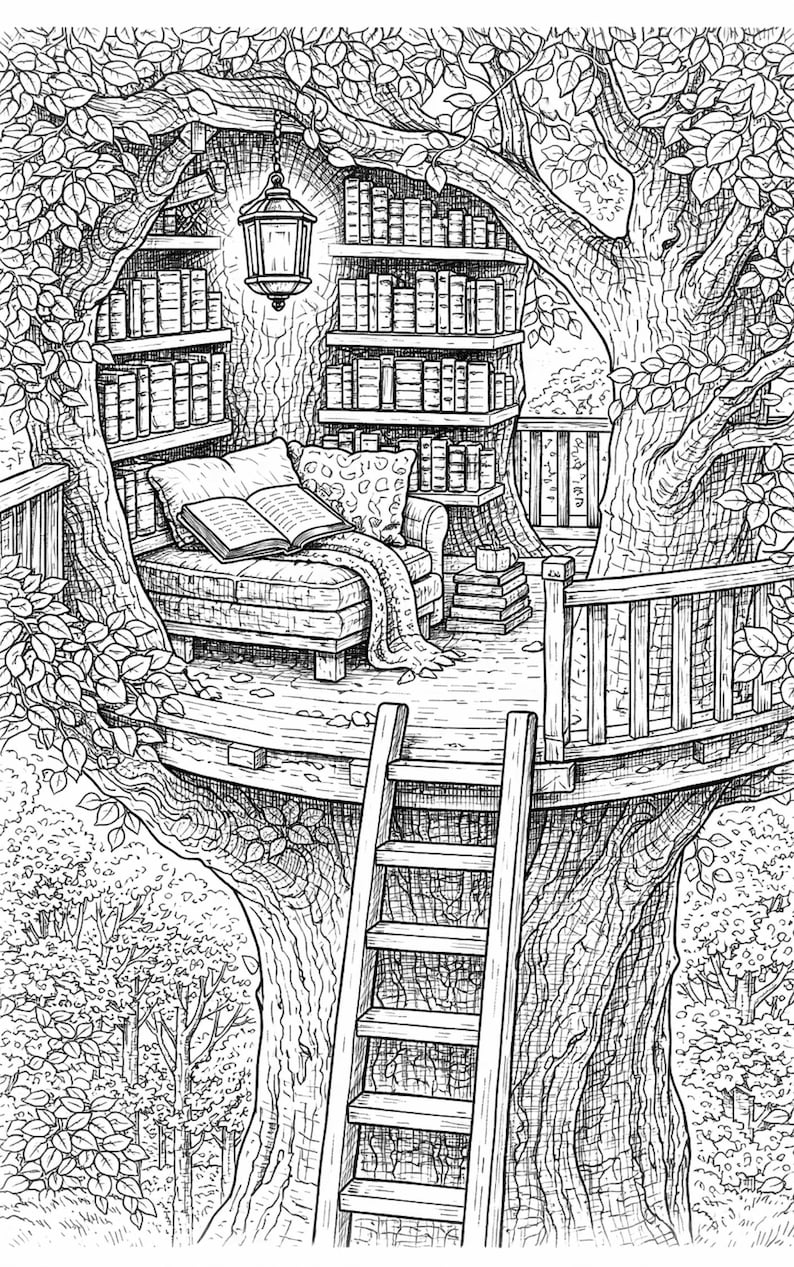 Cozy Bookshop & Library Coloring Pages for Adults | Book Lover Gift ...