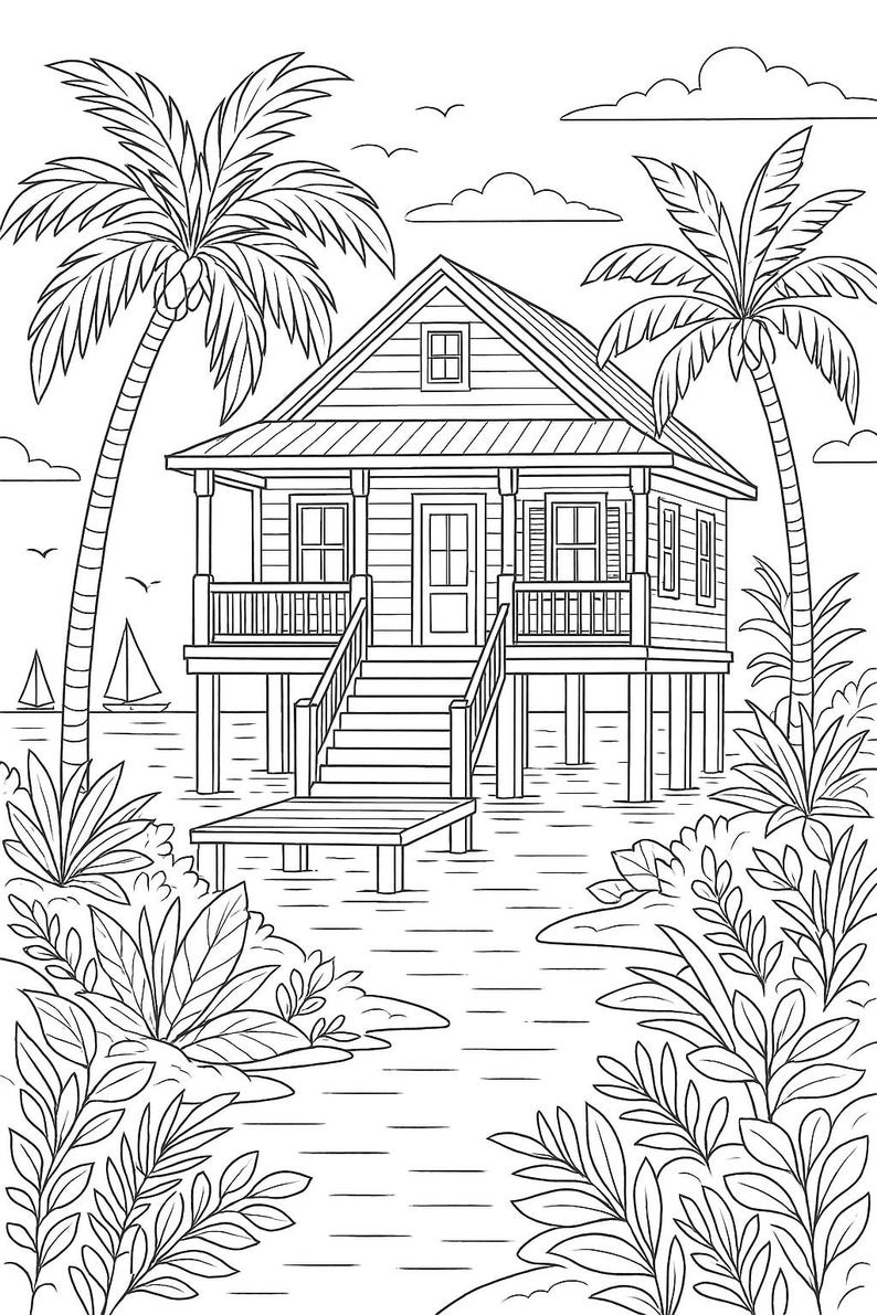 Beach Houses by the Sea Coloring Book | 20 Pages for Adults | Coastal ...