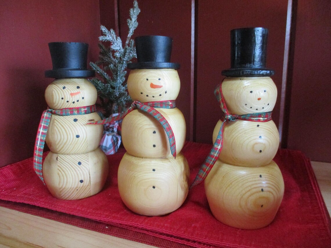 Snowmen Hand Turned Pine 3 Together - Etsy