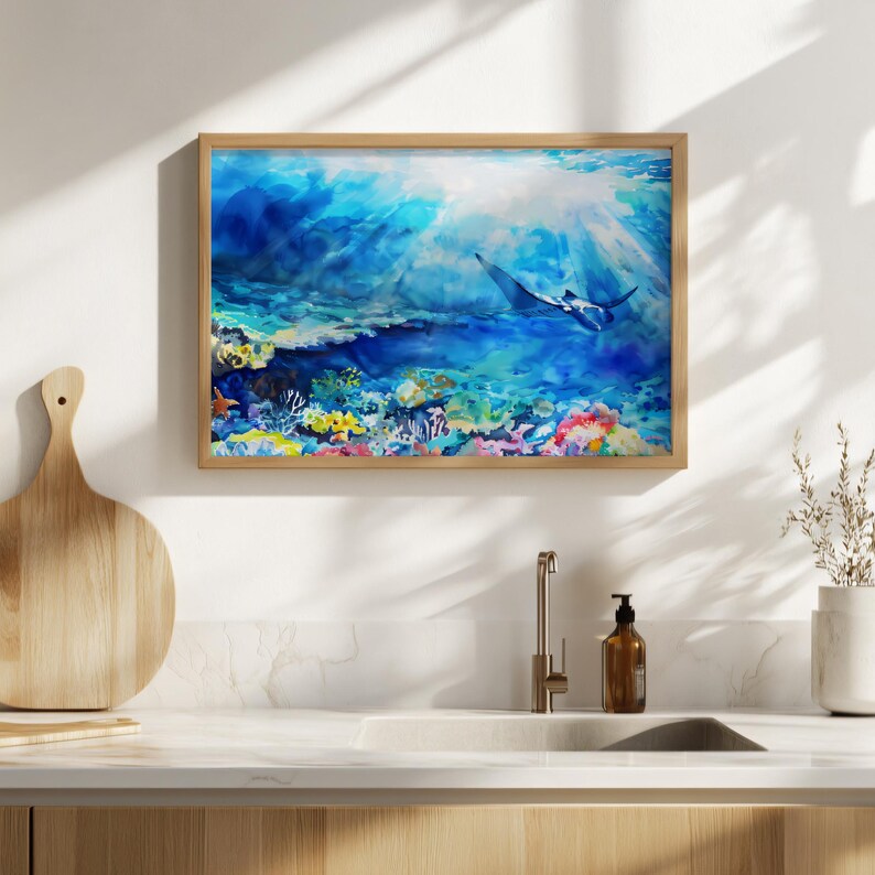 Printable Great Barrier Reef Painting, Manta Ray Wall Art, Australia ...