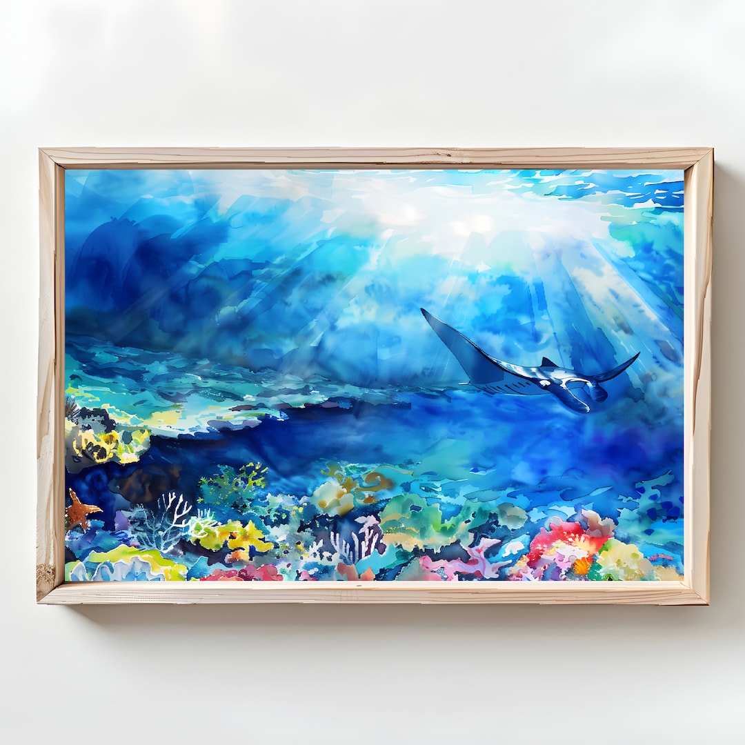 Printable Great Barrier Reef Painting Vintage Manta Ray Wall Art ...