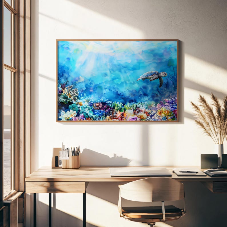 Printable Great Barrier Reef Painting, Sea Turtle Wall Art, Australia ...
