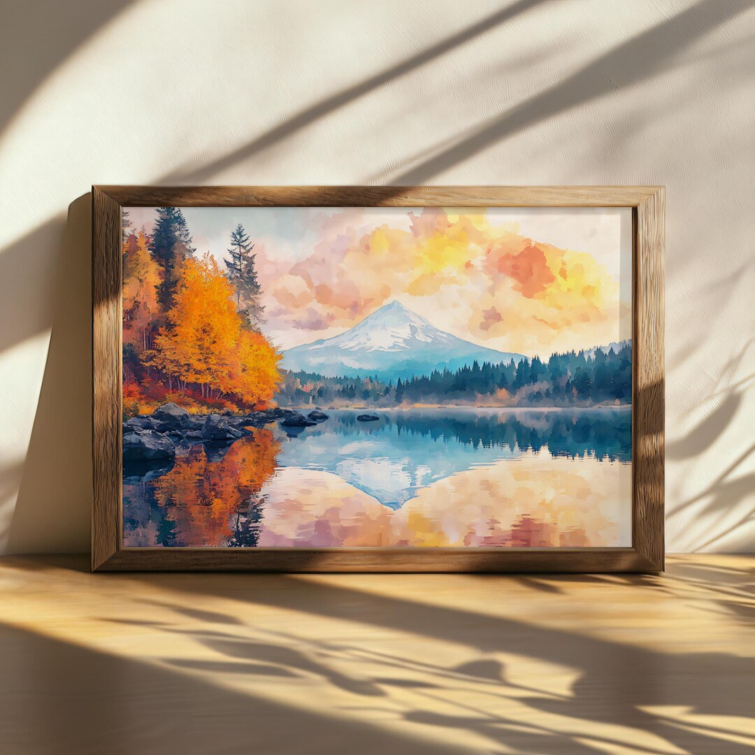Printable Mount Hood Sunset Painting, Trillium Lake Reflection Wall Art ...