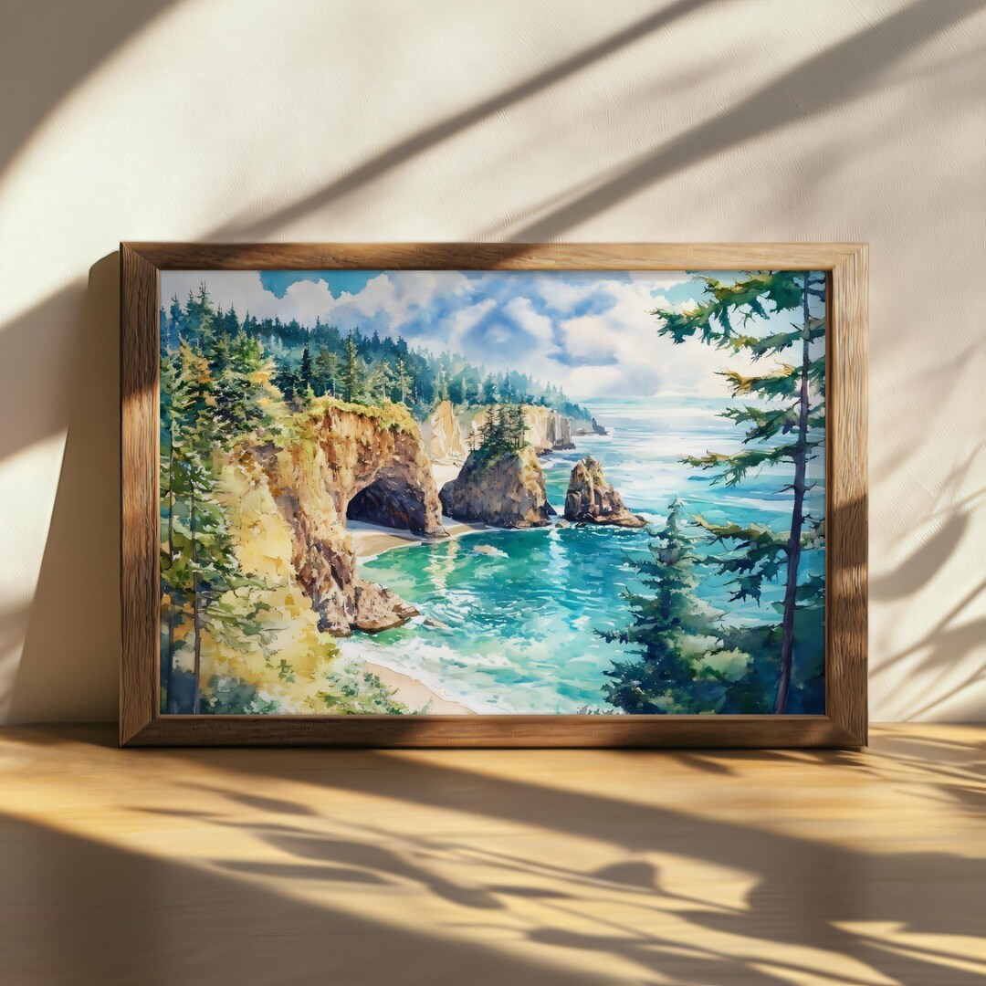 Printable Oregon Coastal Cave Painting, Turquoise Ocean Water Wall Art ...