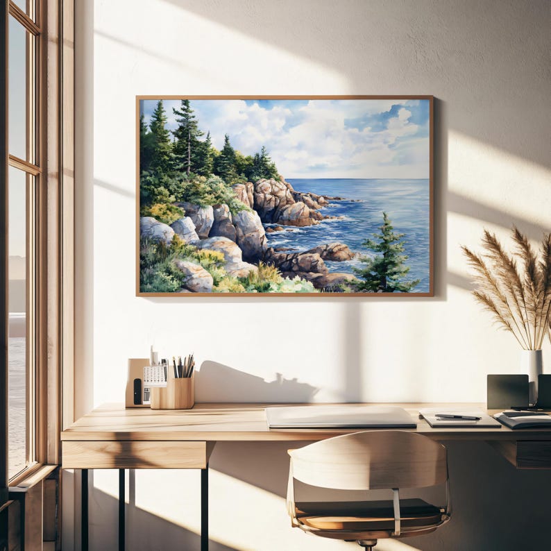 Acadia National Park Painting, Coastal Blue Ocean Wall Art, Maine ...