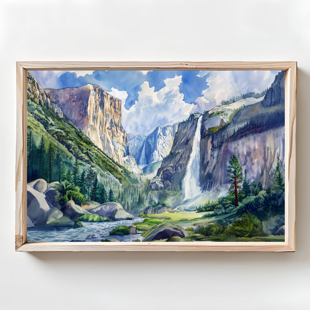 Printable California Yosemite Falls Painting Lush Mountain Waterfall ...