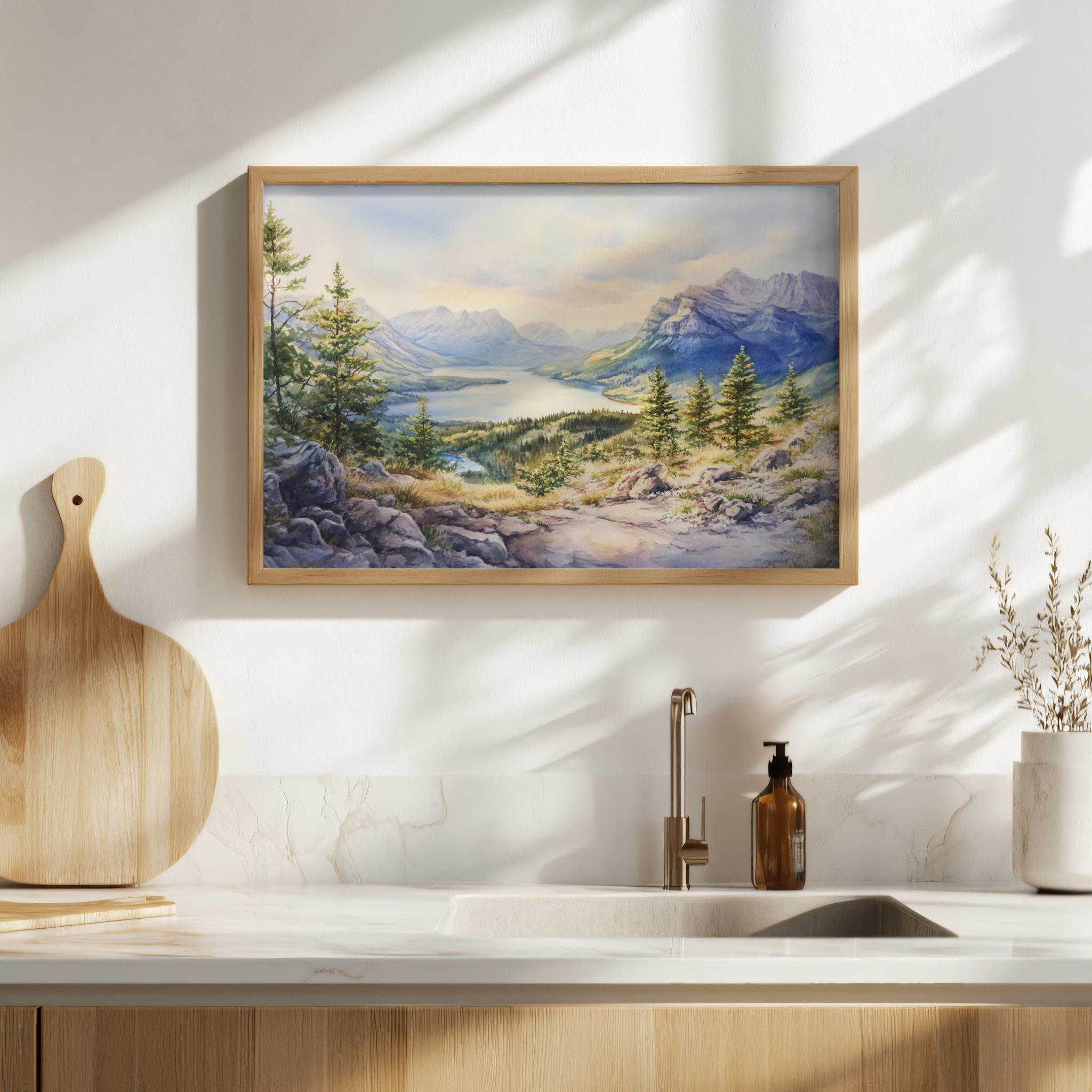 Printable Waterton Lakes National Park Painting, Alberta Rockies Lake ...