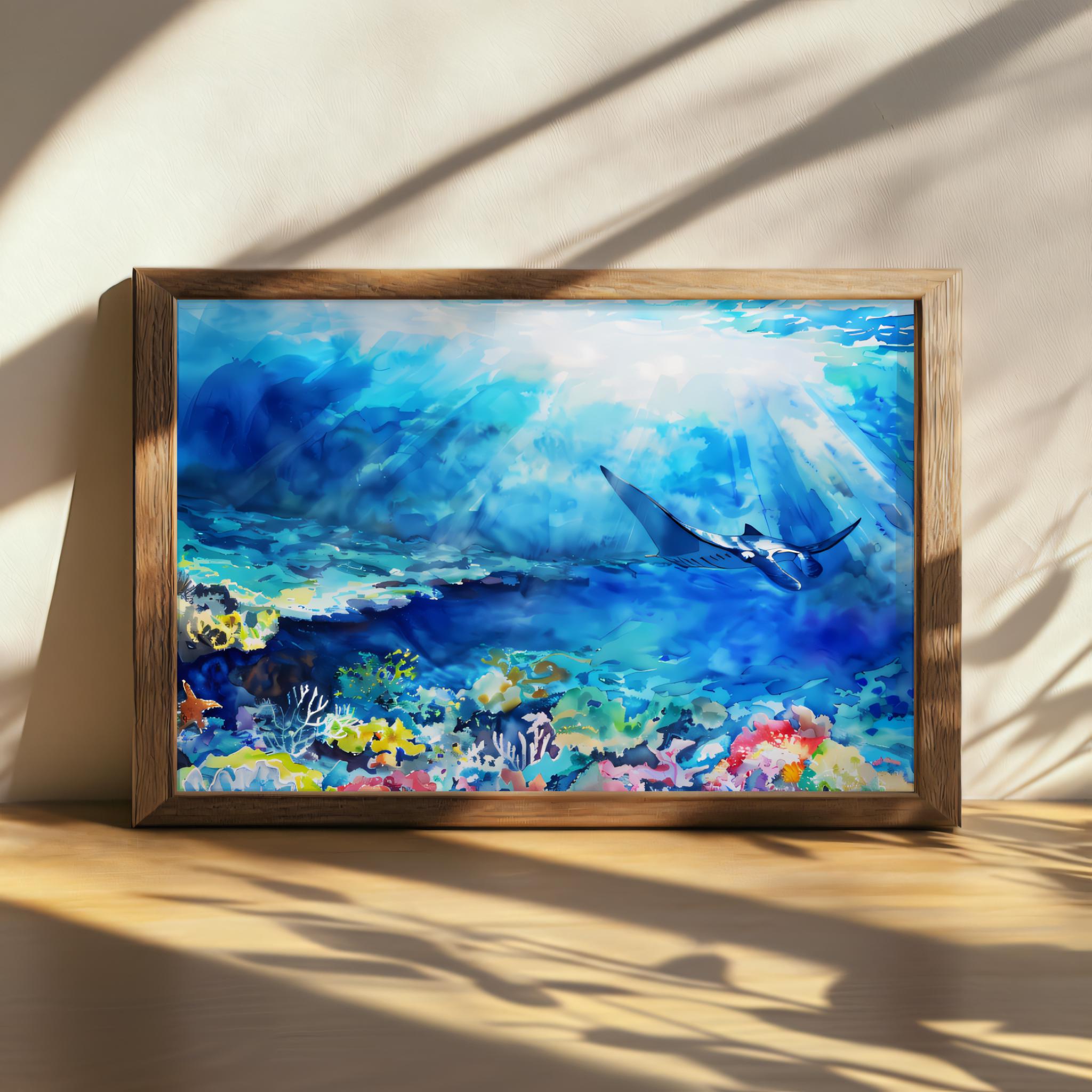 Printable Great Barrier Reef Painting, Underwater Manta Ray Wall Art ...