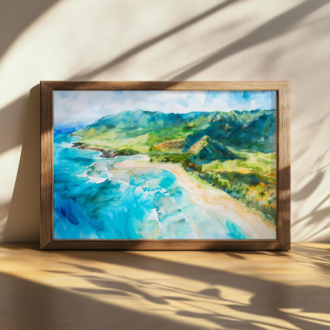Printable Oahu Sandy Beach Painting, Honolulu Turquoise Ocean Wall Art ...