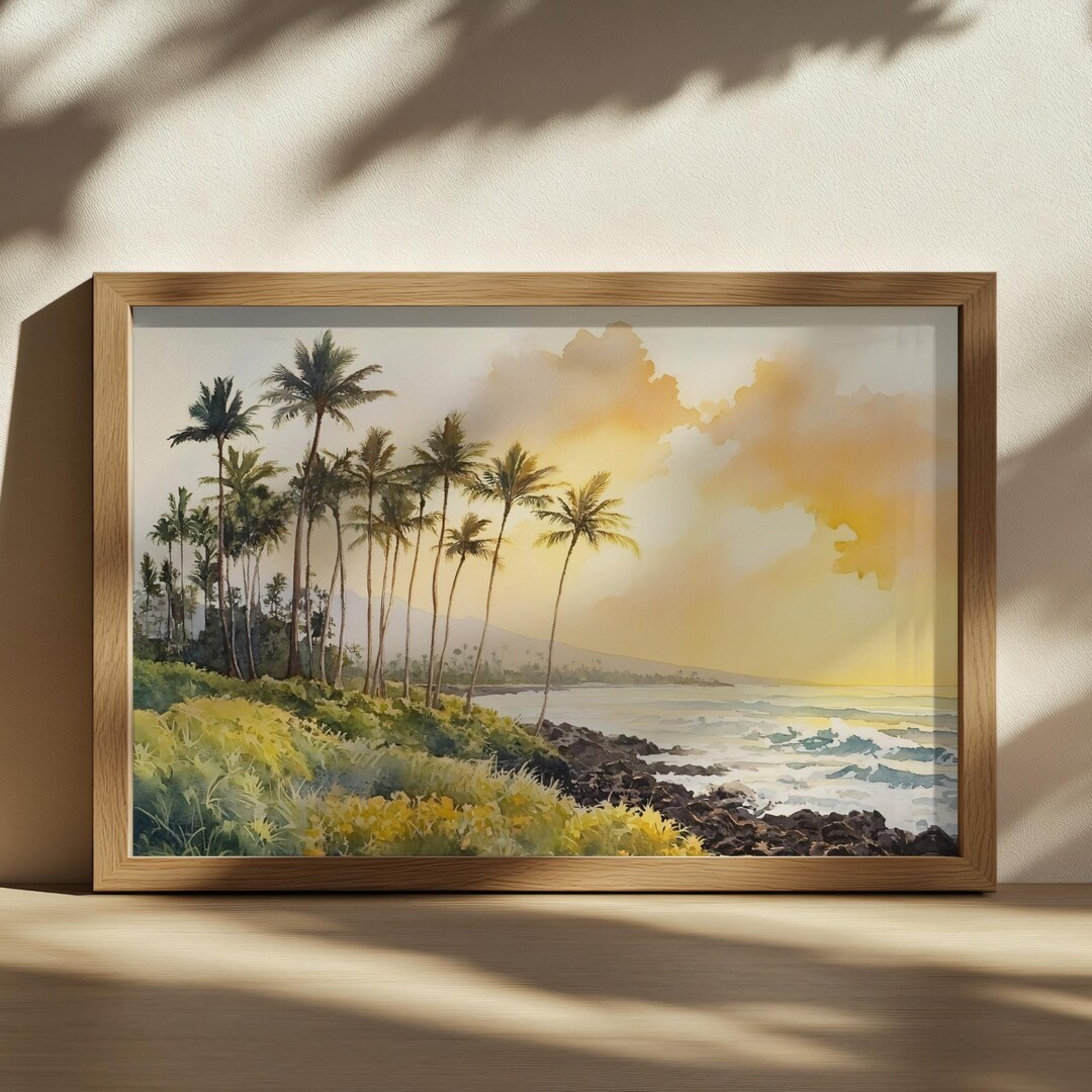 Big Island Sunset Reflection Painting, Hawaii Ocean Water Wall Art, Kailua Kona Summer Beach ...