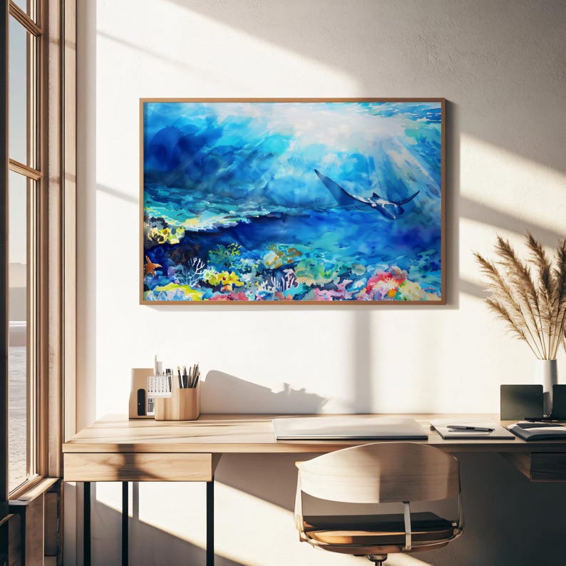 Printable Great Barrier Reef Painting, Manta Ray Wall Art, Australia ...