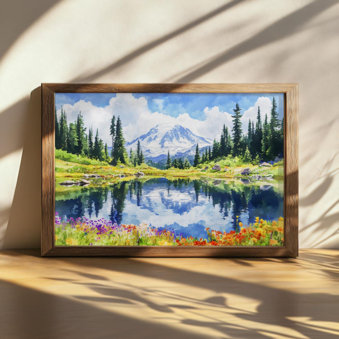 Printable Mount Rainier National Park Painting, Reflection Lakes Wall ...