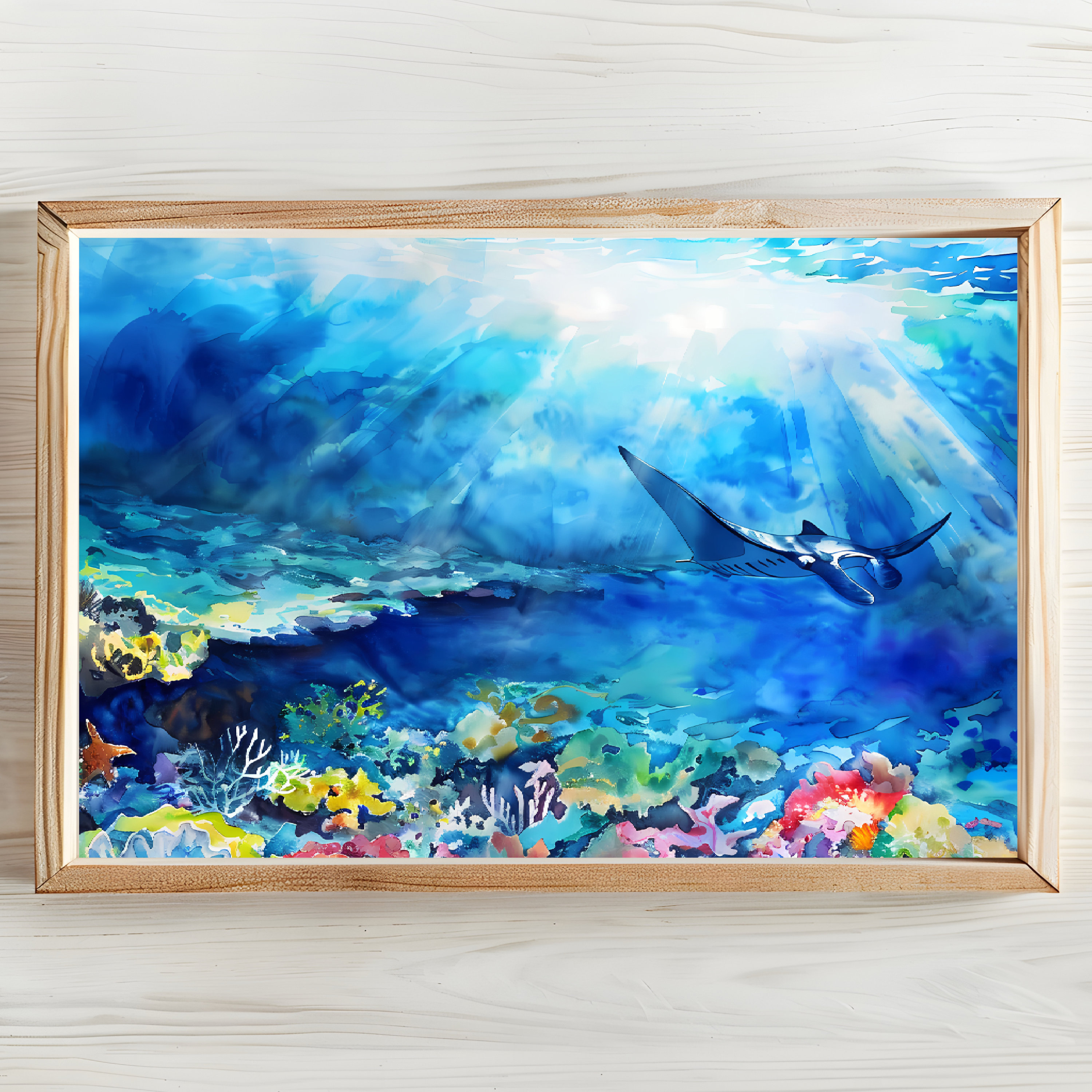 Printable Great Barrier Reef Painting Vintage Manta Ray Wall Art ...