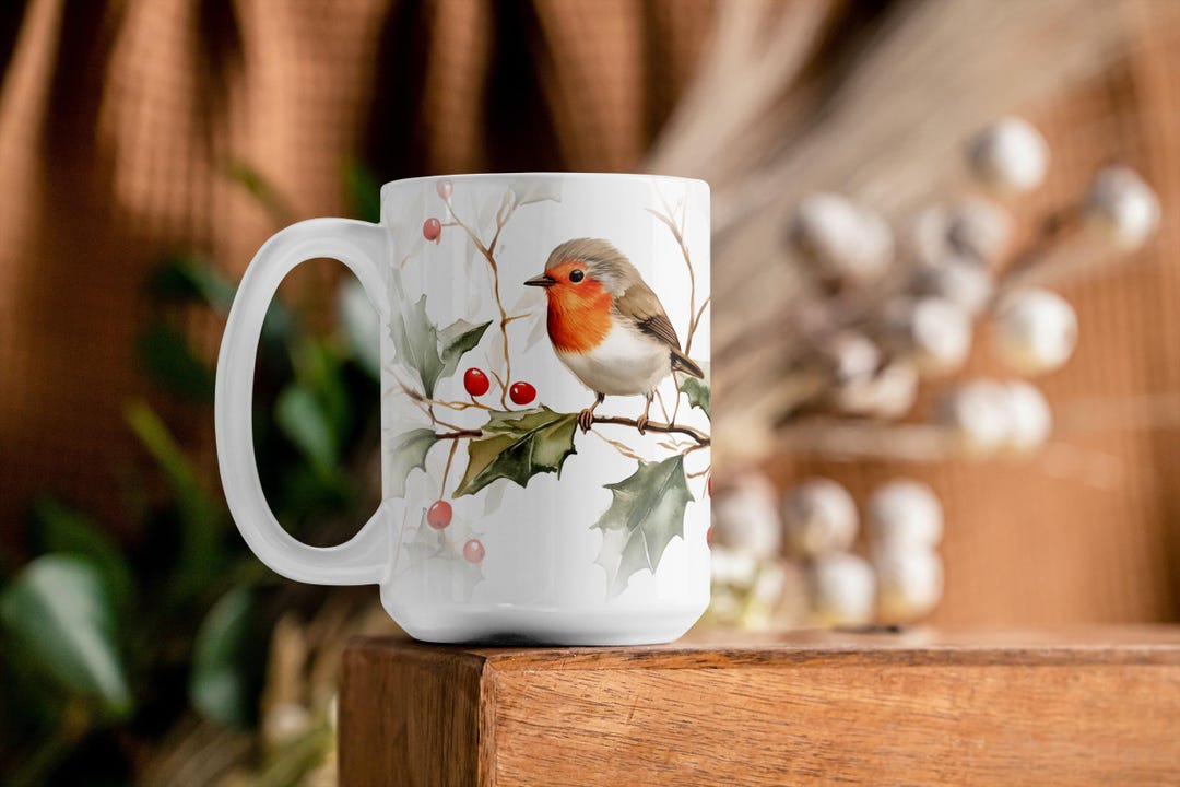 Red Robin and Holly Mug, Nature Coffee Mug, Festive Robin Tea Cup ...