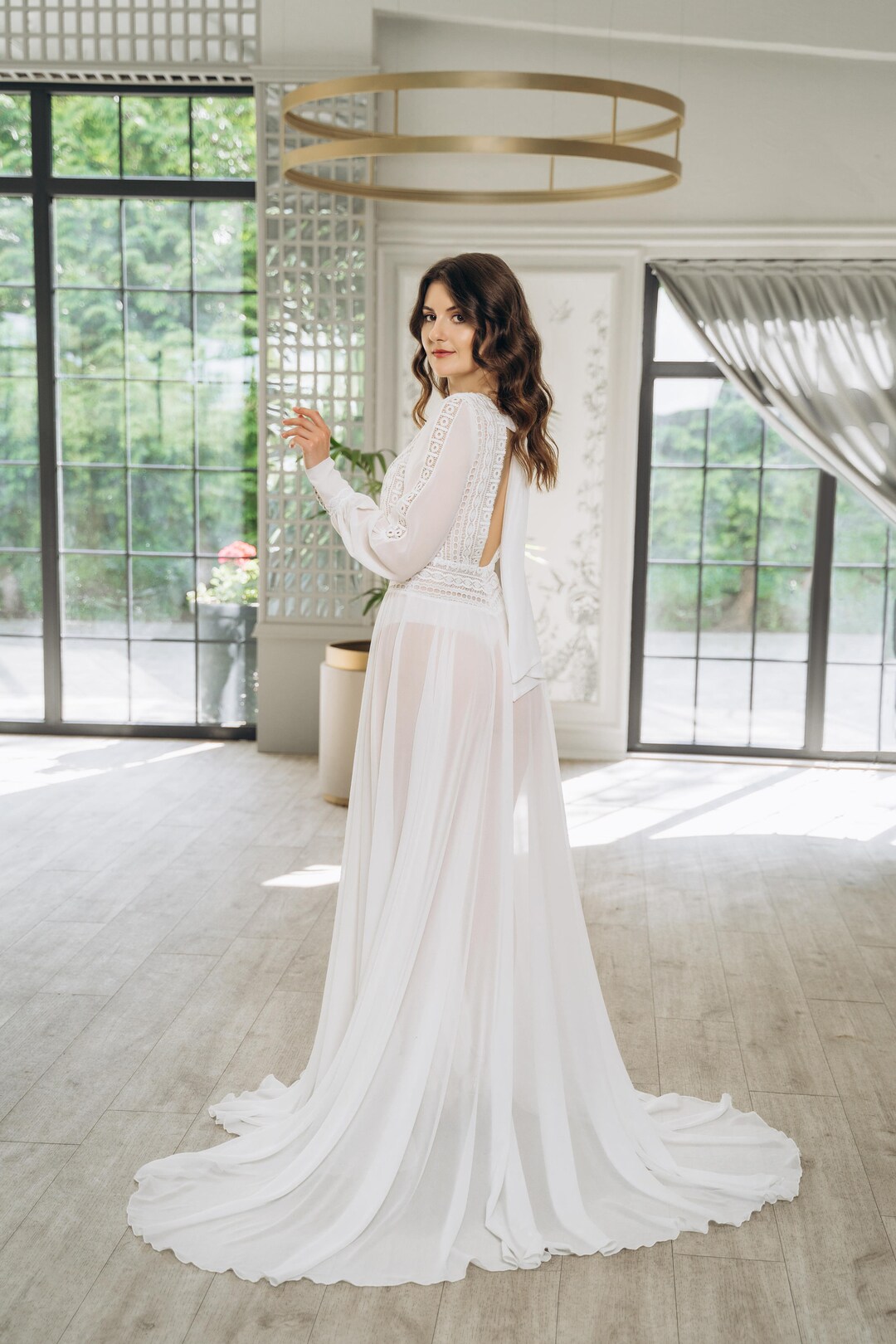 Maxi bridal robe with train, bride robe getting ready, wedding robe ...