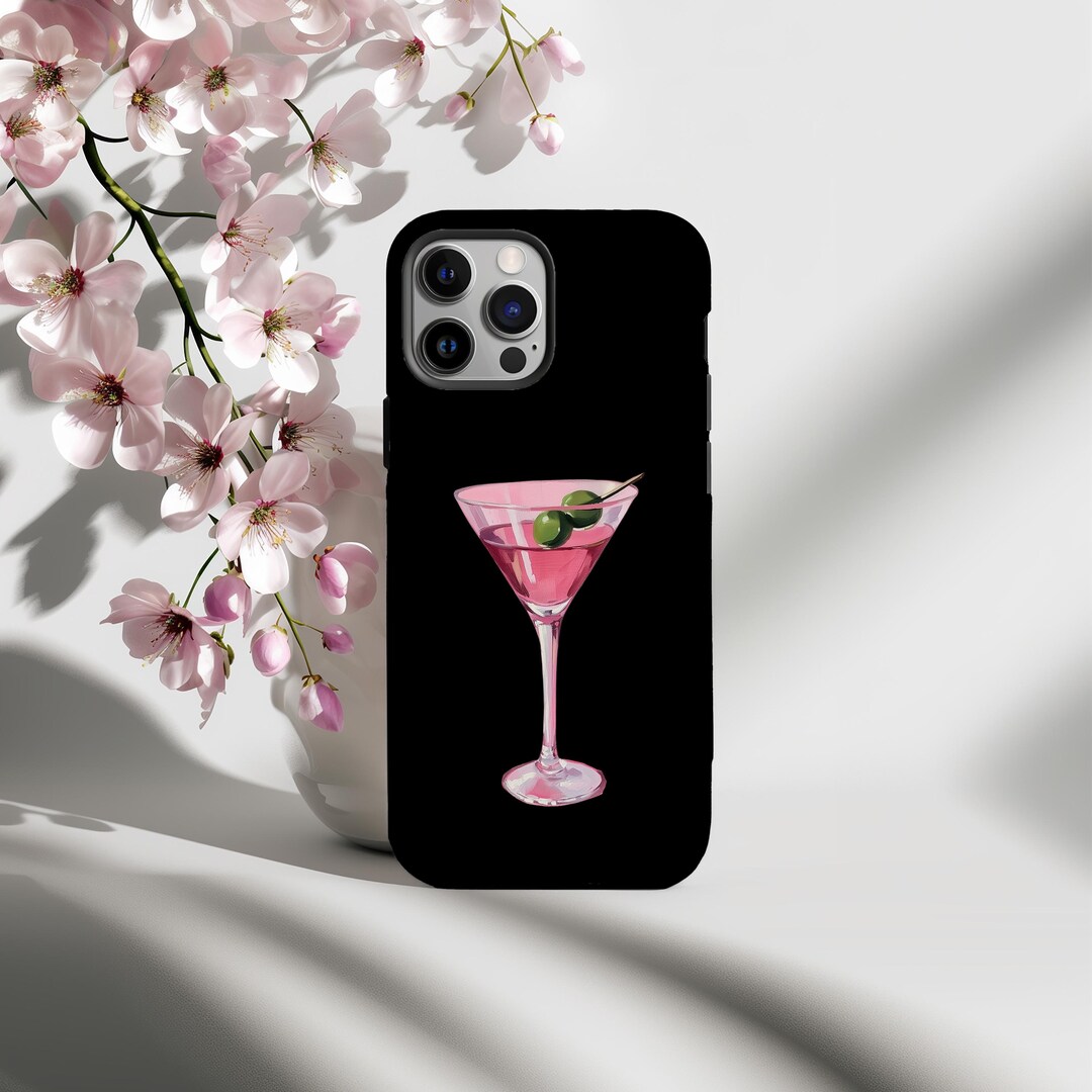 Martini Phone Case - Chic Pink Cocktail Illustration on Black, Stylish ...