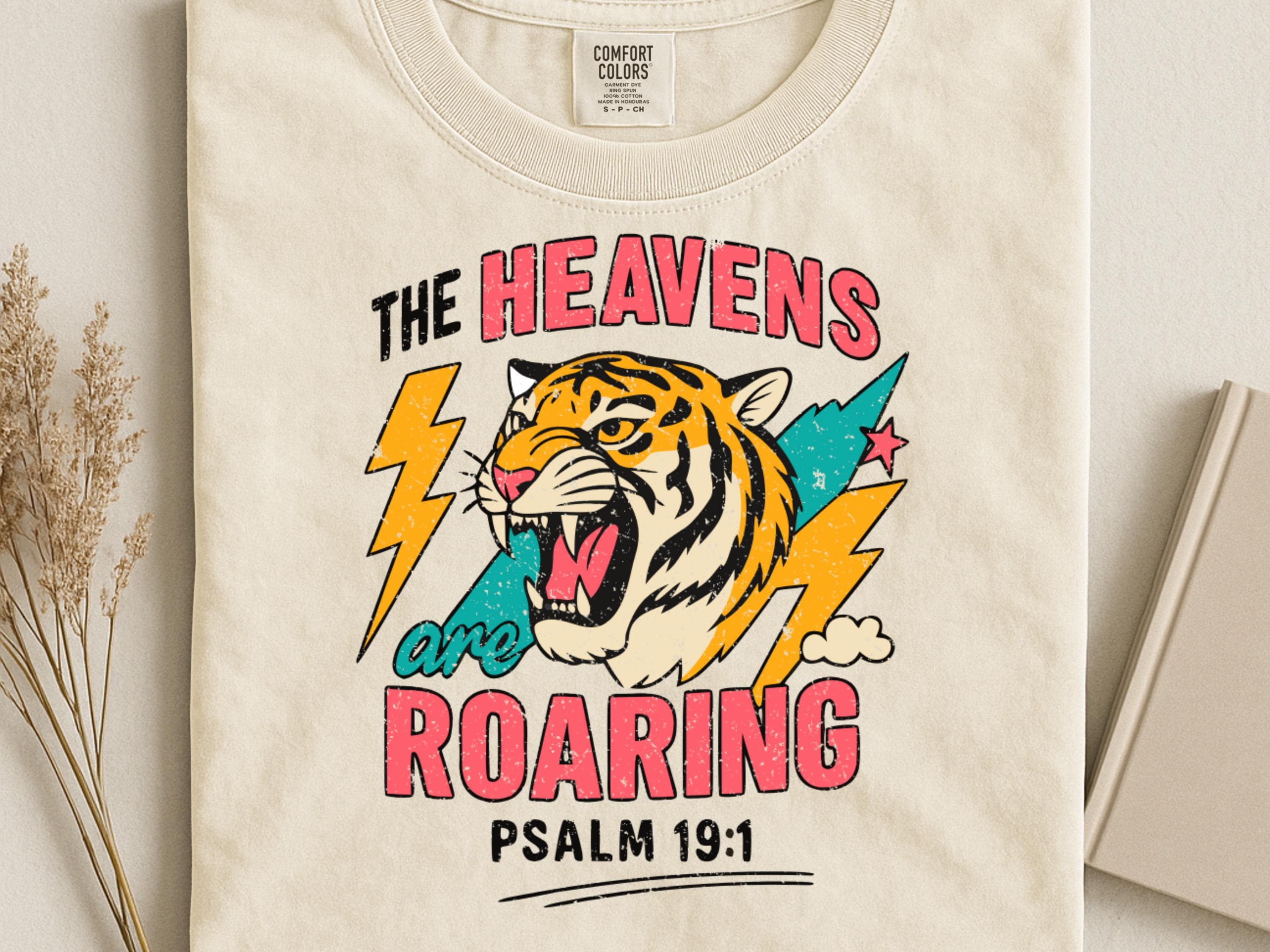 Heavens Are Roaring PNG, Retro Tiger Lightning Christian Shirt Design ...