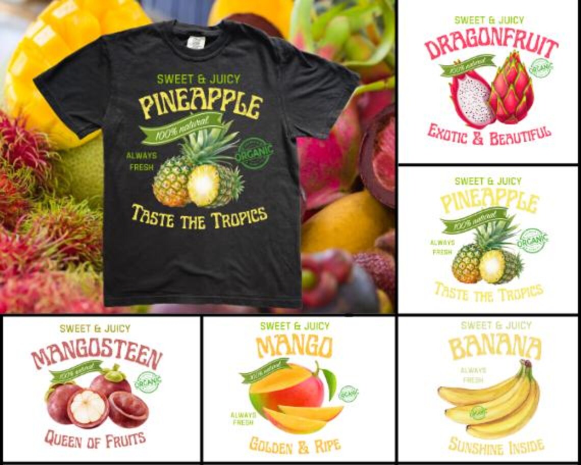 Tropical Fruits PNG Bundle, Vintage Pineapple Mango Banana Dragonfruit ...