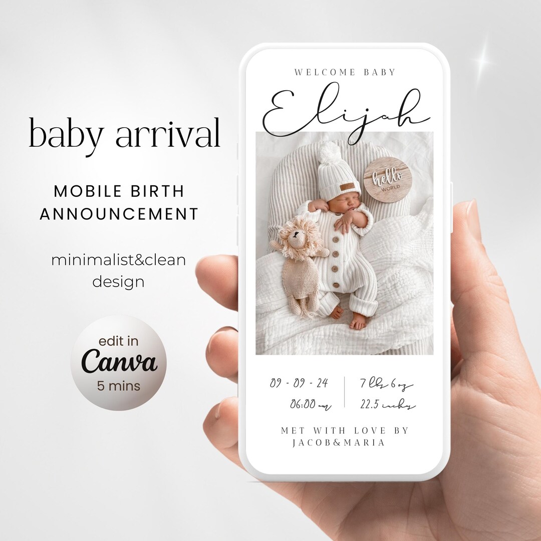 Modern Mobile Birth Announcement Template: Minimalist Newborn Photo ...