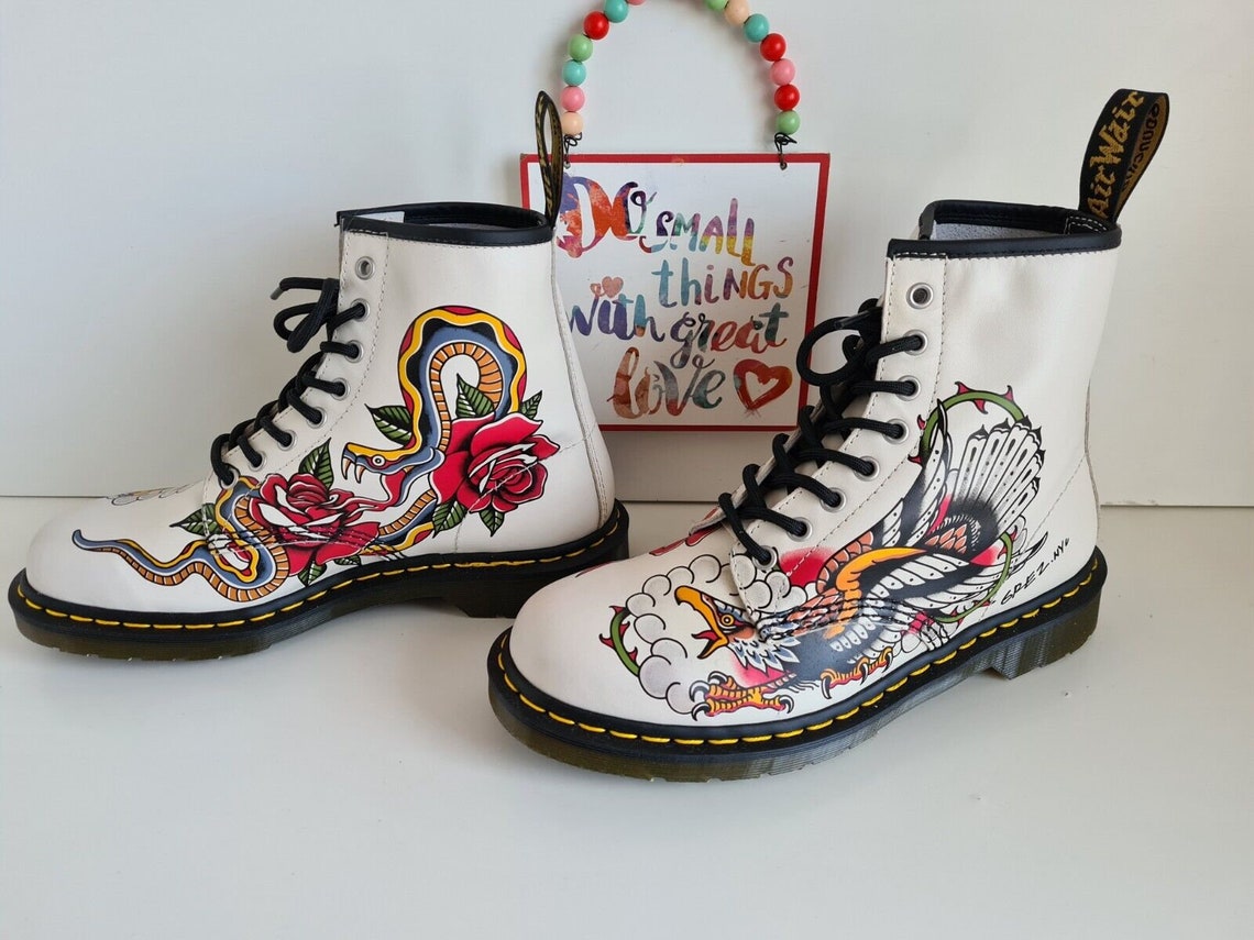 Dr Martens X Grez 1460 Backhand Tattoo White Leather 8 Hole Boots UK8 ...