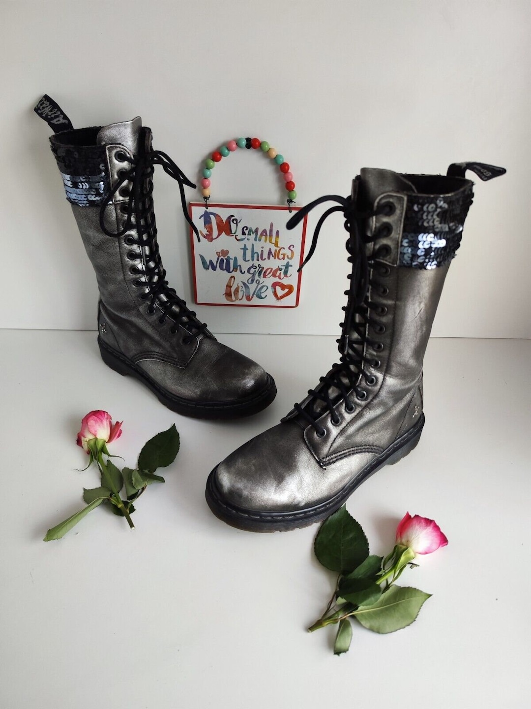 Rare Dr Doc Martens 1914 Sequin Seqn 14 Eye Silver Midcalf Boots UK6 ...