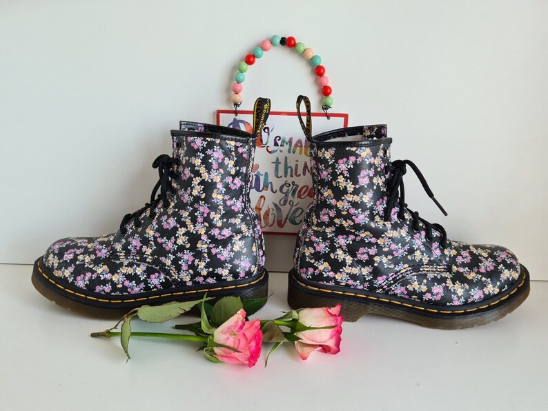 Dr Martens 1460 8 Hole Flowers Floral Pascal Black Purple Boots UK4 ...
