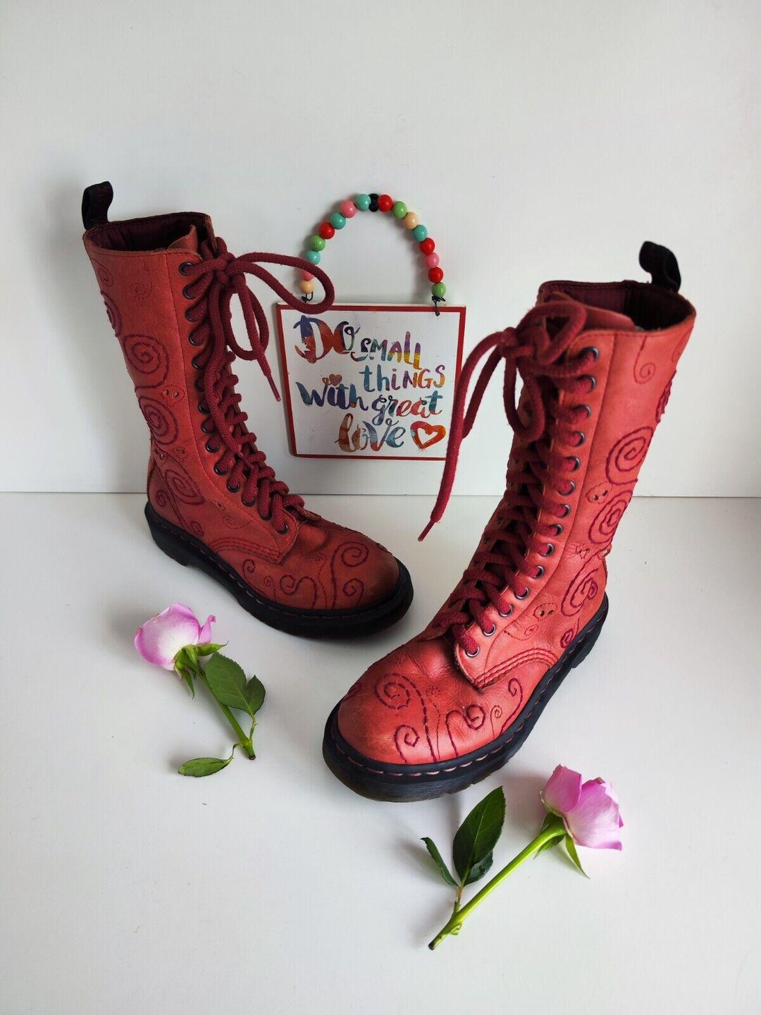 Dr Doc Martens 1914 14 Eye Cherry Red Curl Skull Vodou Boots UK4 EU37 ...