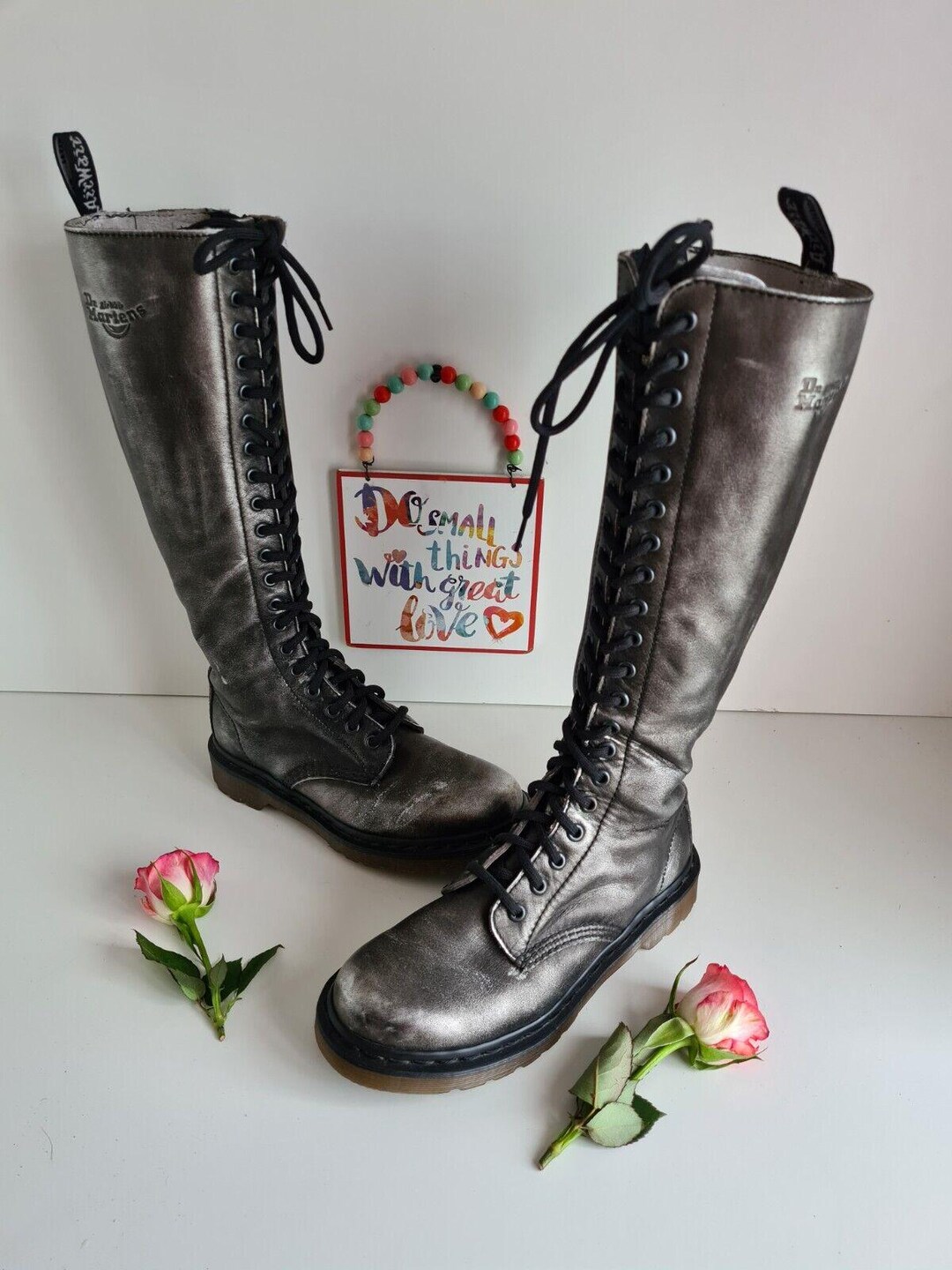 Dr Doc Martens Zip 20 Hole Silver 1B60 Knee High Tall Boots Punk UK4 ...