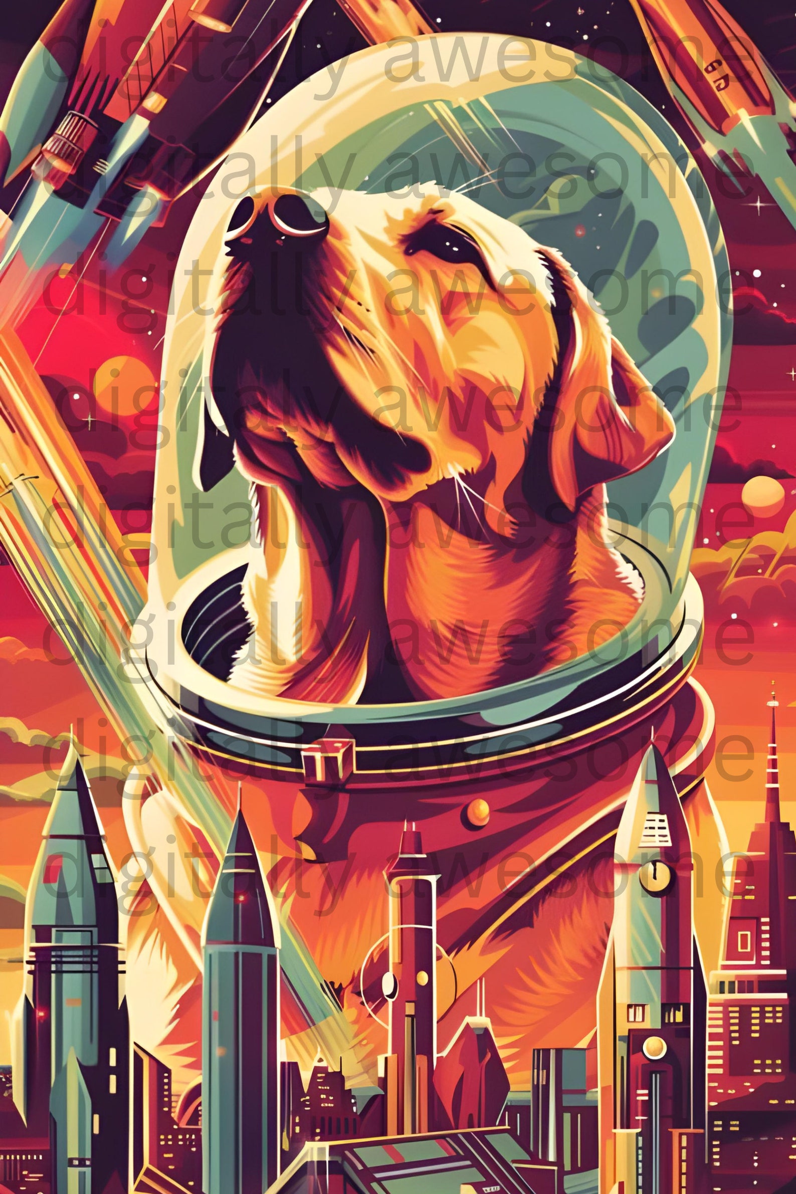 4 Retro Futuristic Labrador Dog in Space Poster, Digital Print ...