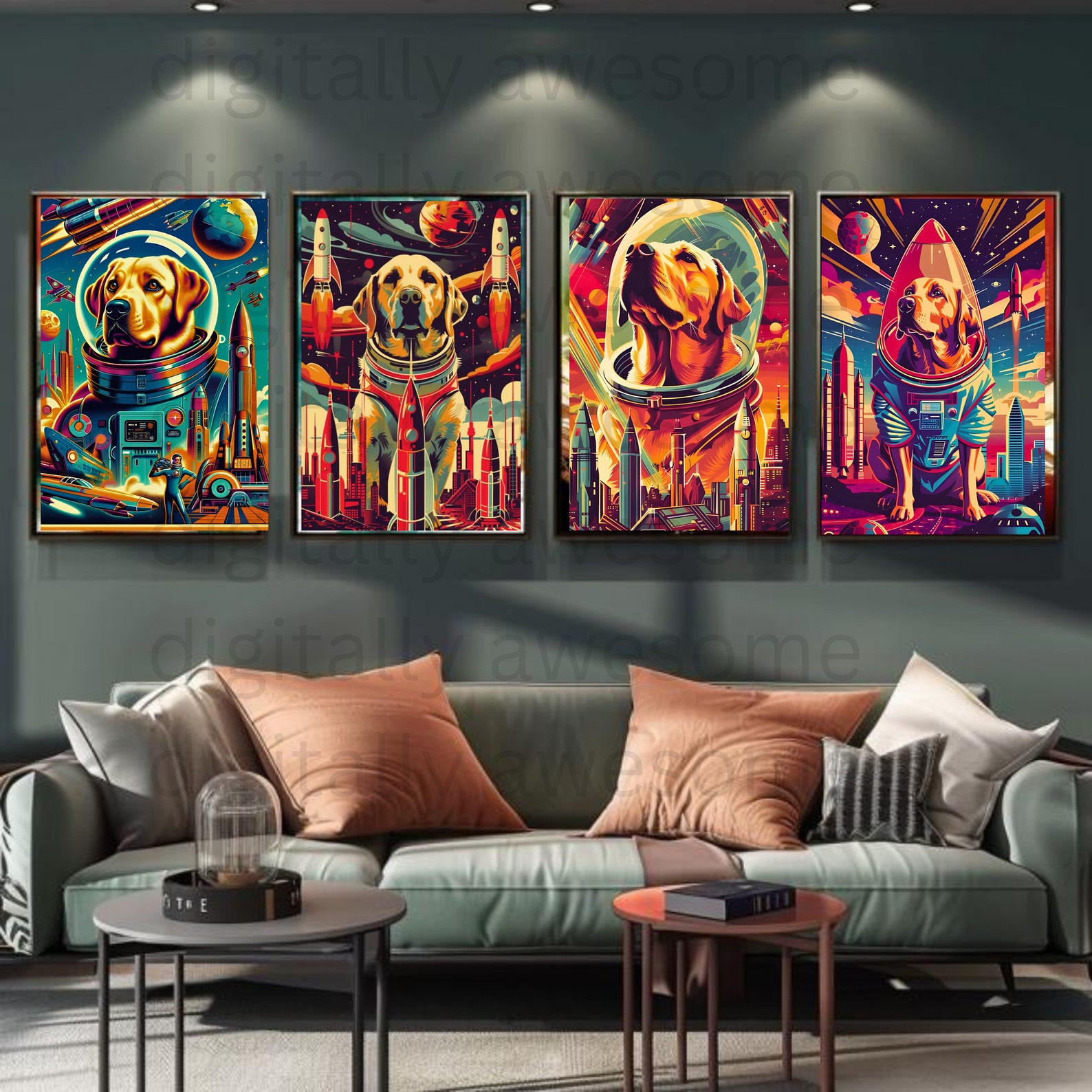 4 Retro Futuristic Labrador Dog in Space Poster, Digital Print ...