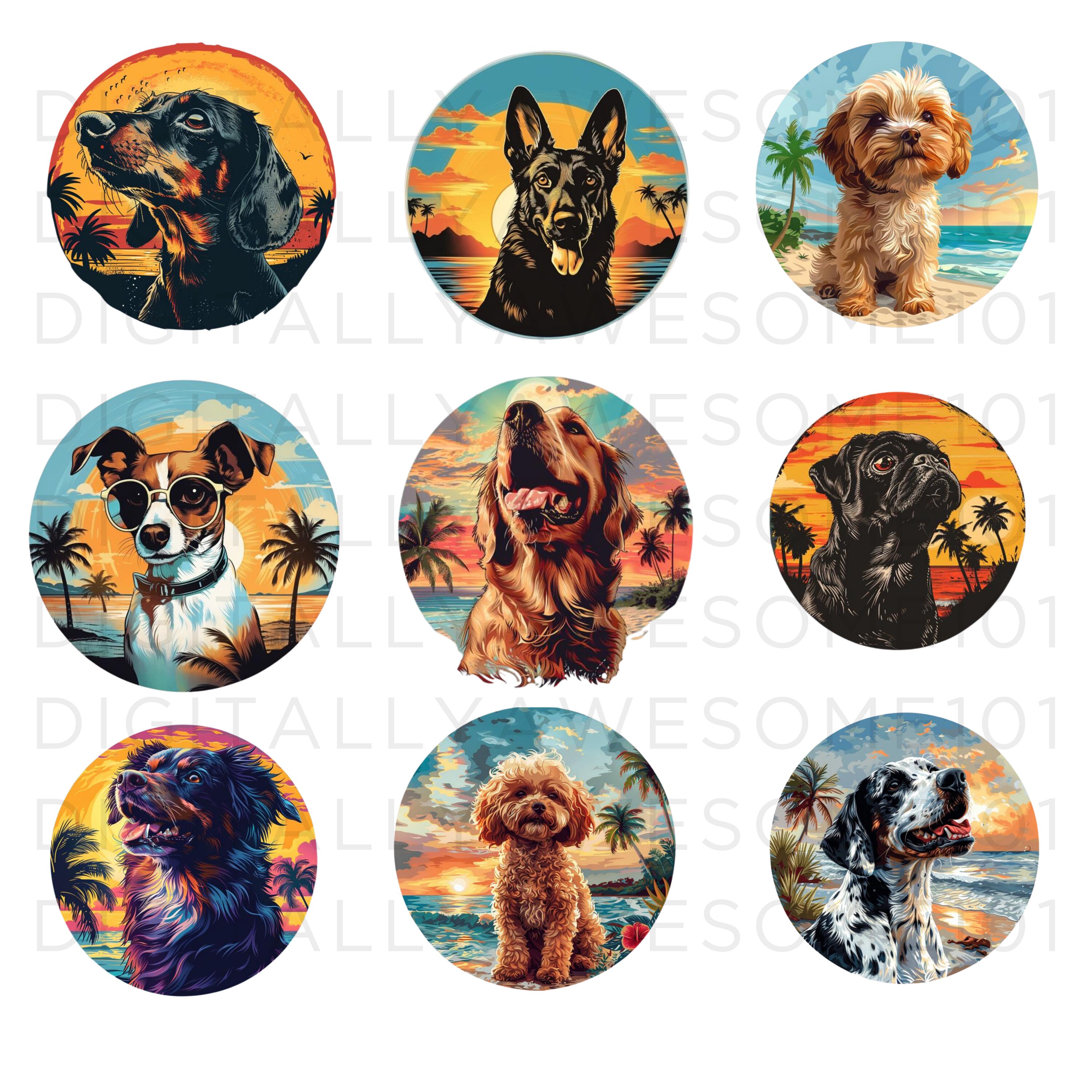30 Circular Dog Clipart, Dog Clipart Bundle, Beach Dog Clipart PNG Cute ...