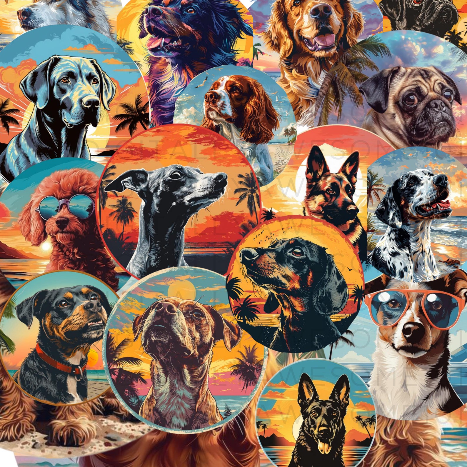 30 Circular Dog Clipart, Dog Clipart Bundle, Beach Dog Clipart PNG Cute ...