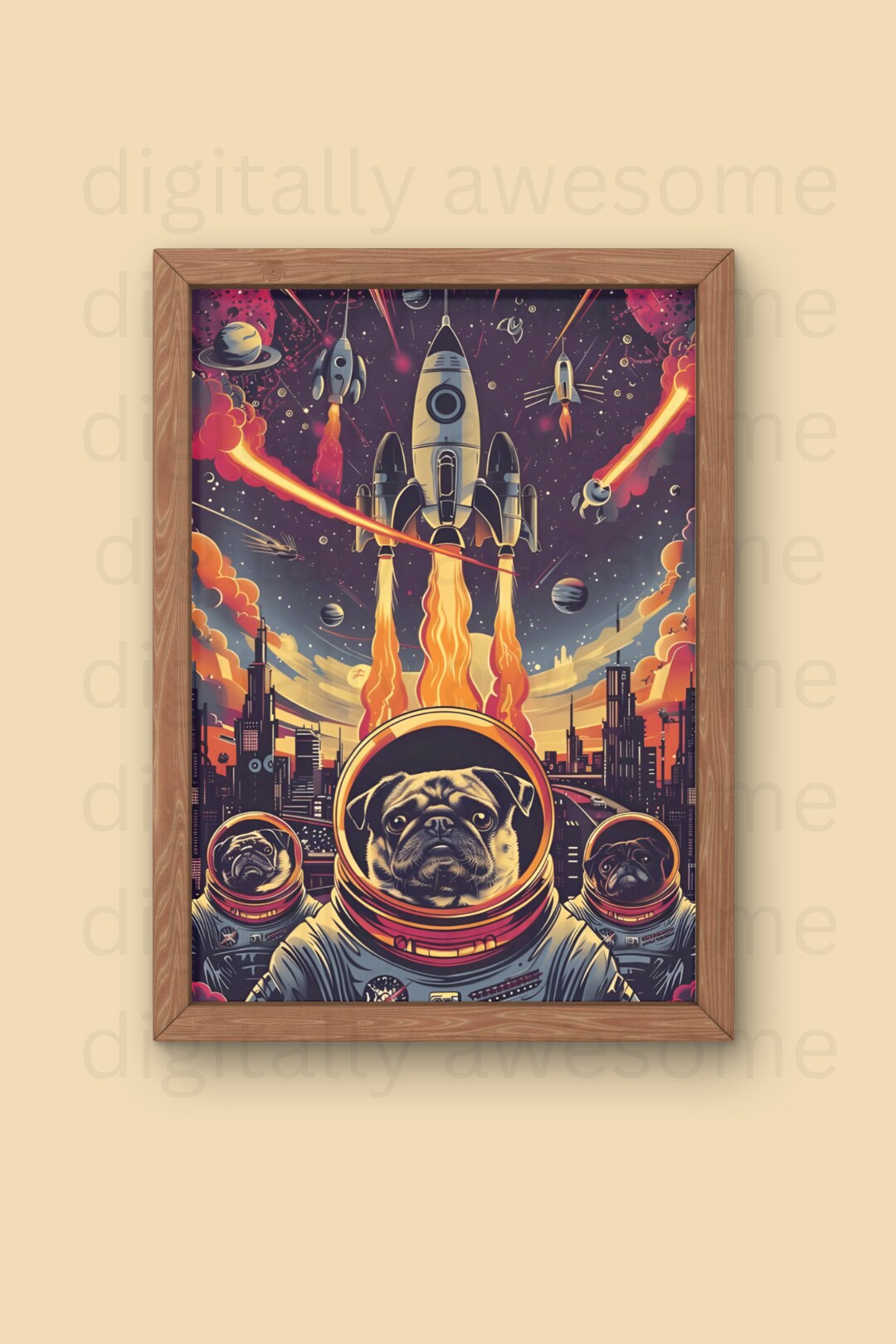 Retro Futuristic Pug Dogs in Space Poster, Digital Download, Astronaut ...