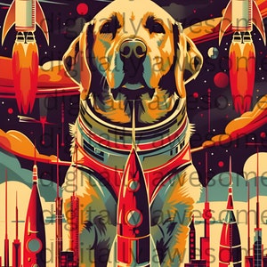 4 Retro Futuristic Labrador Dog in Space Poster, Digital Print ...