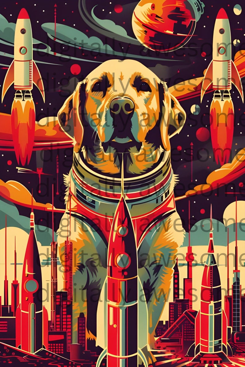 4 Retro Futuristic Labrador Dog in Space Poster, Digital Print ...