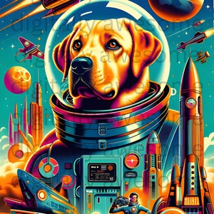 4 Retro Futuristic Labrador Dog in Space Poster, Digital Print ...